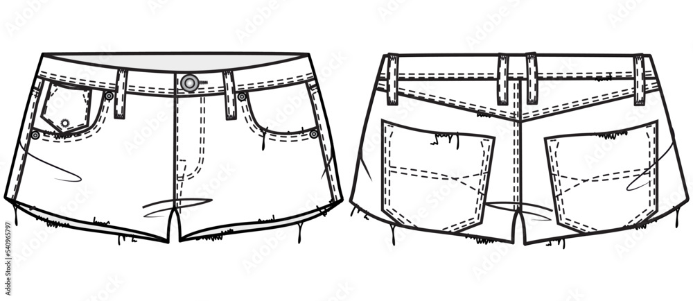 womens mini denim hot shorts, micro shorts front and back view fashion ...