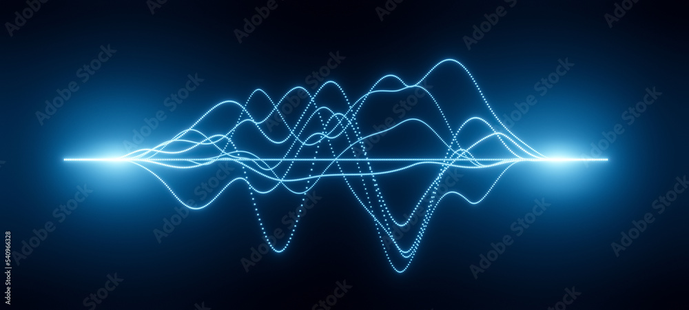 Bright glowing blue neon abstract wireframe sound waves, visualization ...