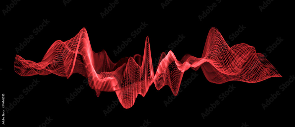 Illustration of red abstract wireframe sound waves, visualization of ...