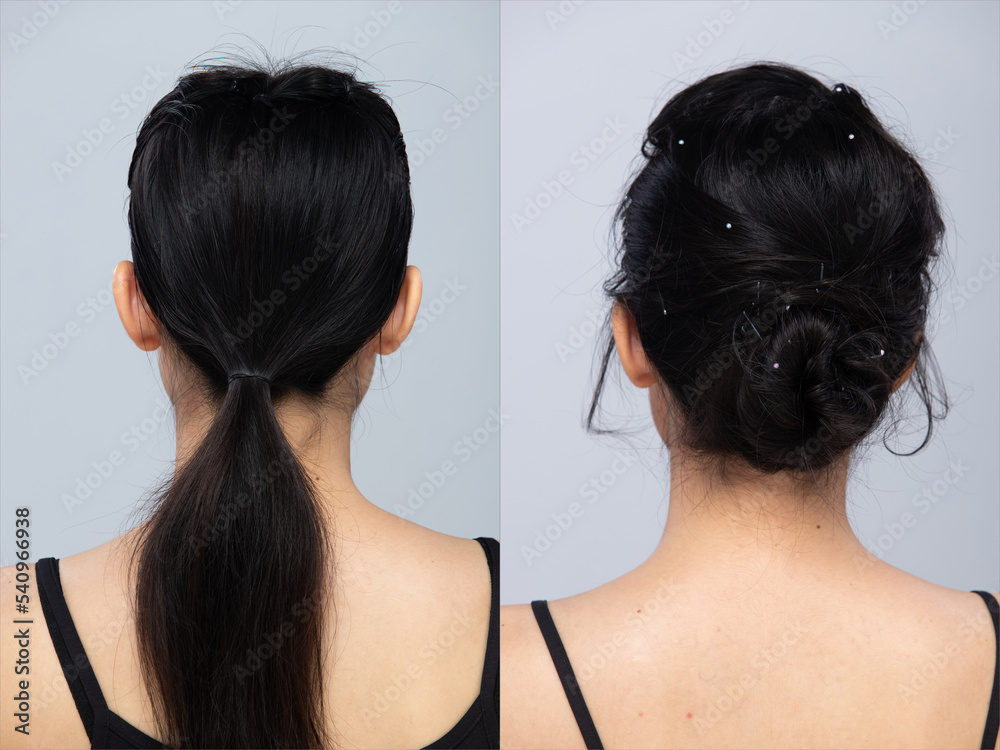 Rear Back side of woman Head with Black Long straight Hair and do hair ...