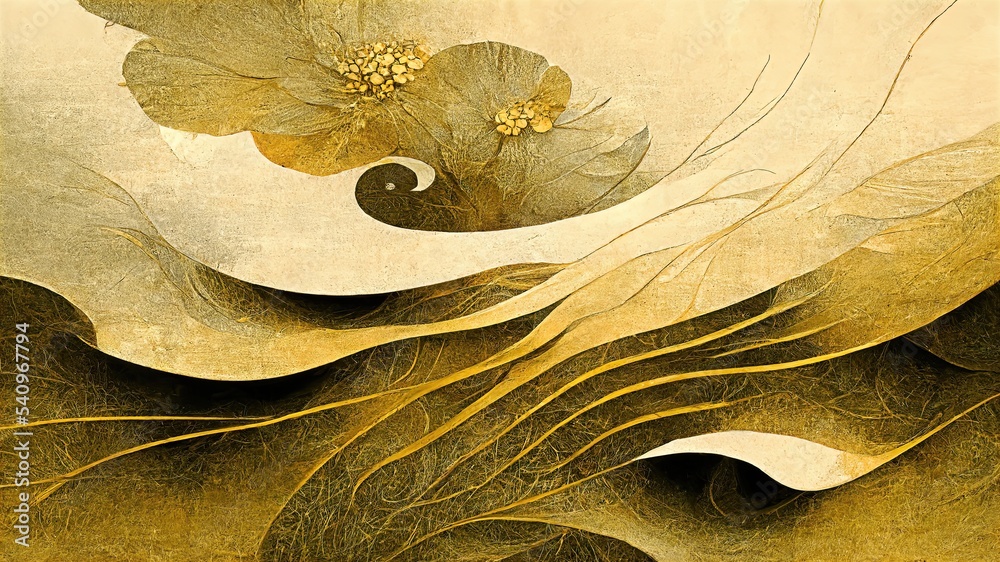 Modern contemporary art-like wavy black, white and gold curves ...