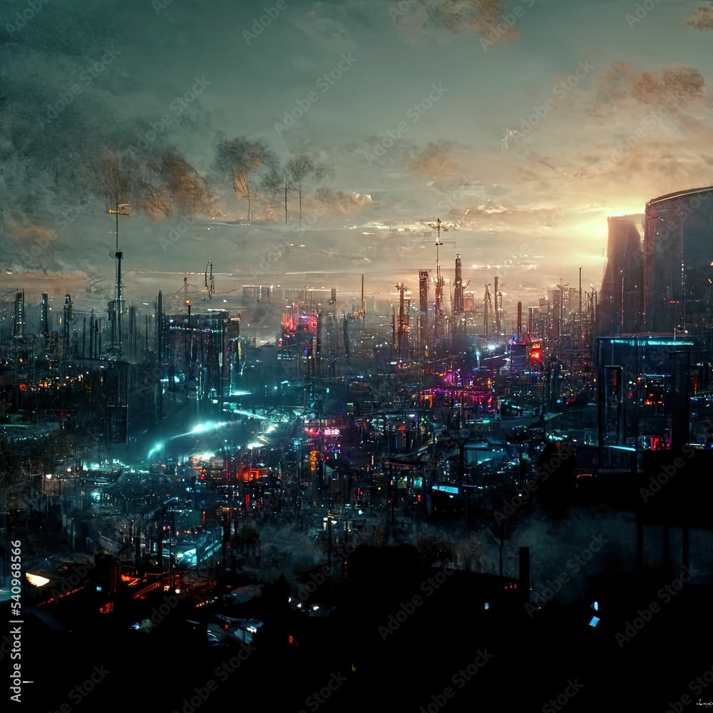 AI generated digital art of a post-apocalyptic futuristic city with ...