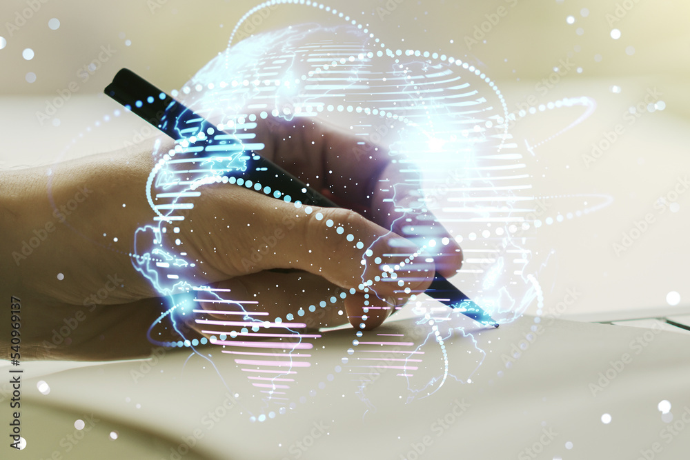 Abstract graphic digital world map with connections and man hand ...