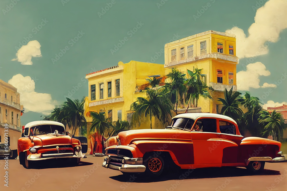 Digital poster illustration of vintage Cuban cars in the street. Exotic ...
