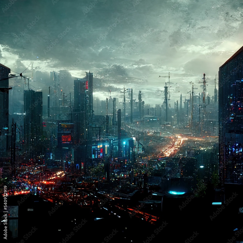AI generated digital art of a post-apocalyptic futuristic city with ...