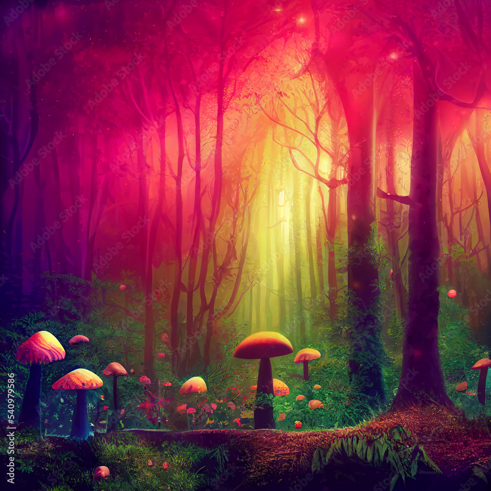 Illustration of a magic forest with beautiful big red magic mushrooms ...