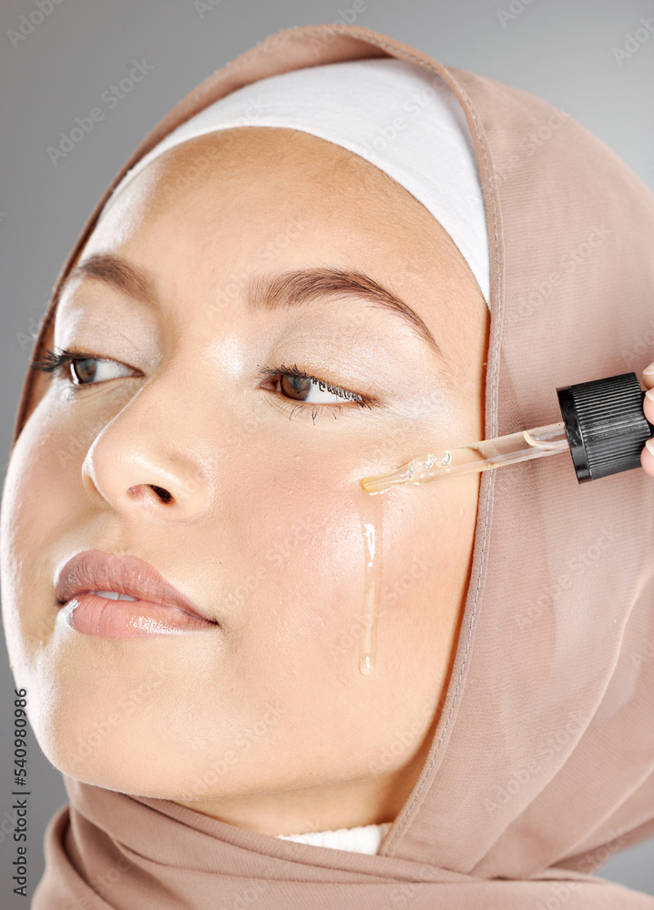 Muslim woman beauty, facial serum or essential oil, aesthetic makeup or ...