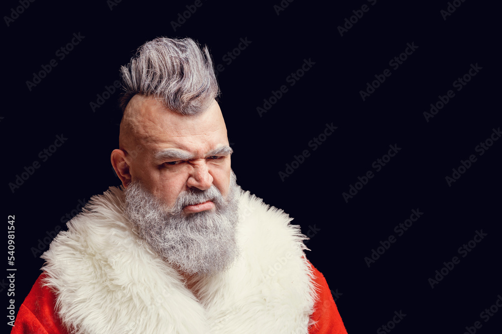 Evil aggressive gray-haired old man Santa in a bad mood. New Year and ...