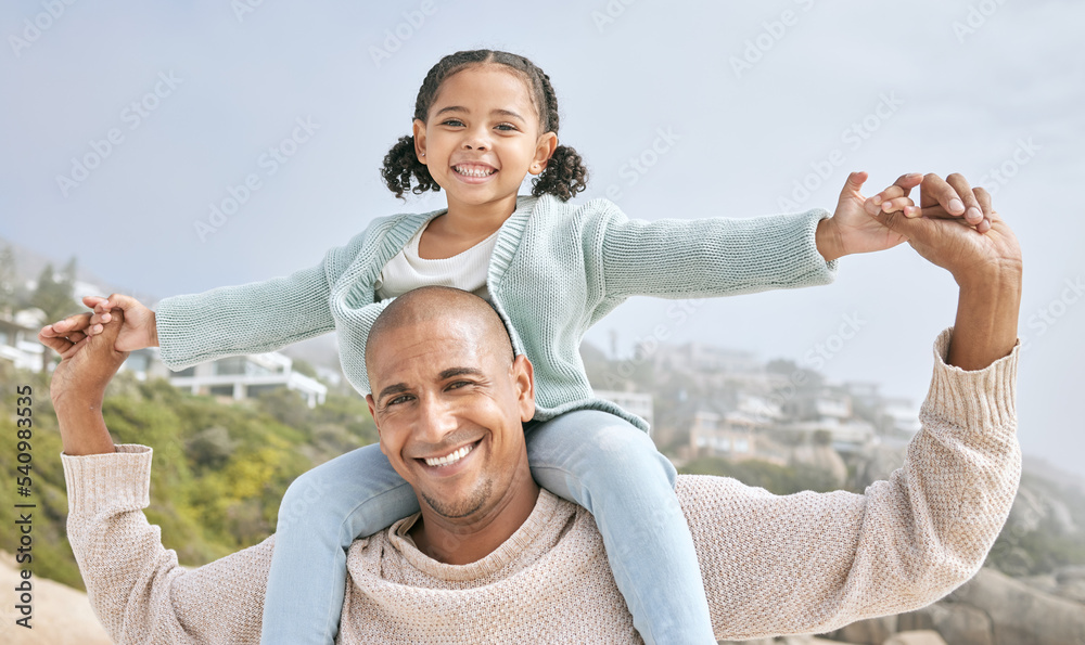 Father, child and holding hands on shoulders for happy relationship ...