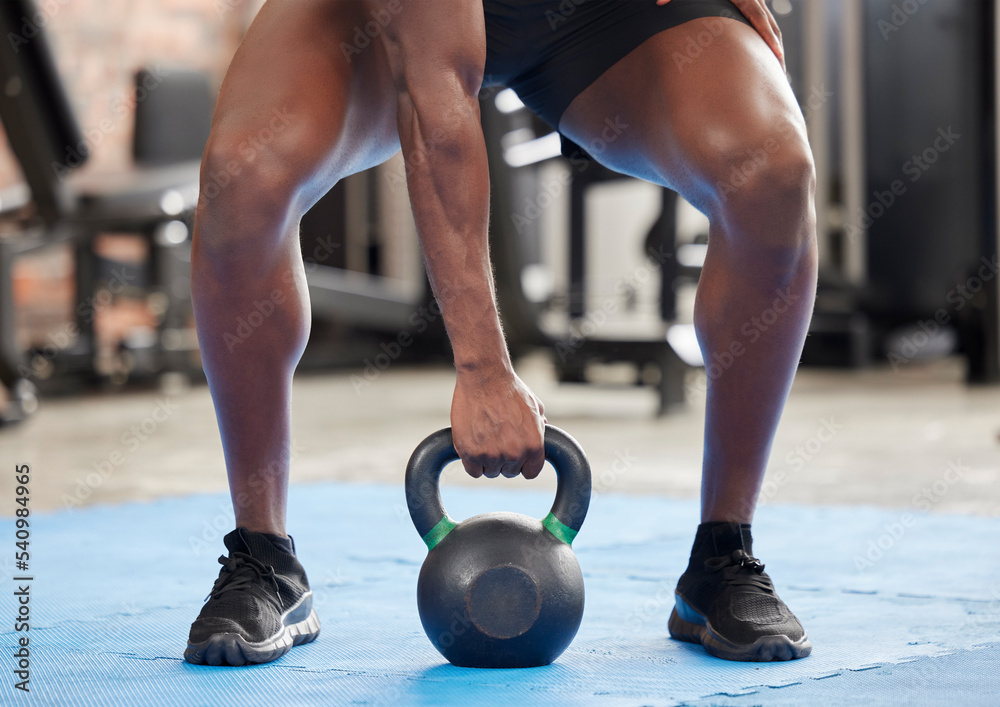 Gym, strong and fitness hand with kettlebell for body builder training ...