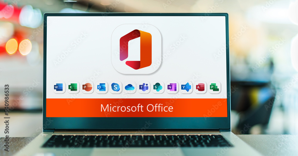 Laptop computer displaying logos of Microsoft Office Stock Photo ...