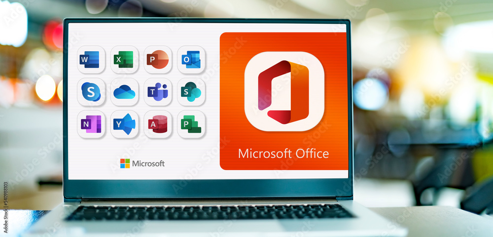Laptop computer displaying logos of Microsoft Office Stock Photo ...