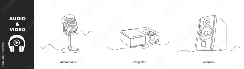 Continuous one line drawing winter audio and video concept set ...