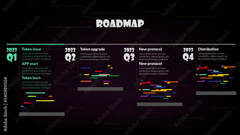 Roadmap with sections with colored lines and copy space on dark ...
