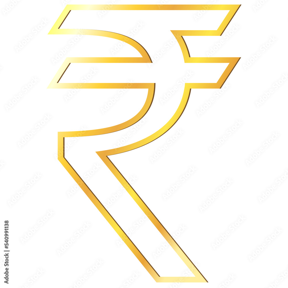 Indian Rupee INR currency golden sign outline in front view isolated on ...