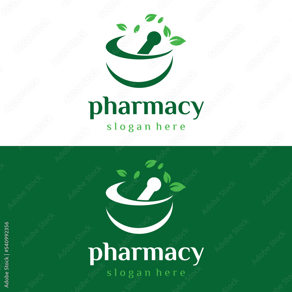 Pharmacy logo template design with bowl and pounded herbal medicine ...