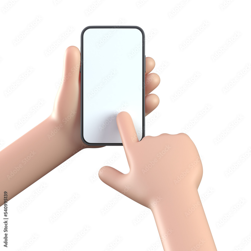 3d cartoon hands holding smartphone pointing finger on touchscreen ...