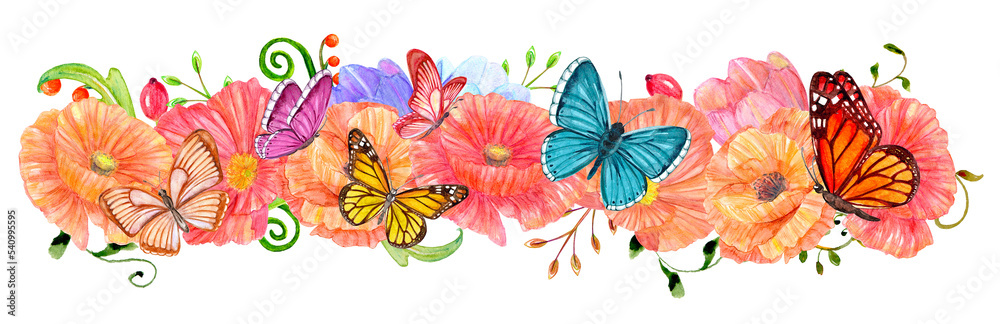colorful floral border with butterflies. poppy flowers. watercolor ...