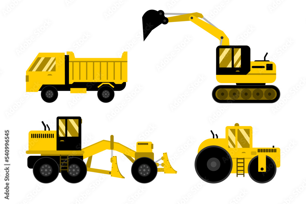 Set of construction vehicle equipment in yellow on white background ...