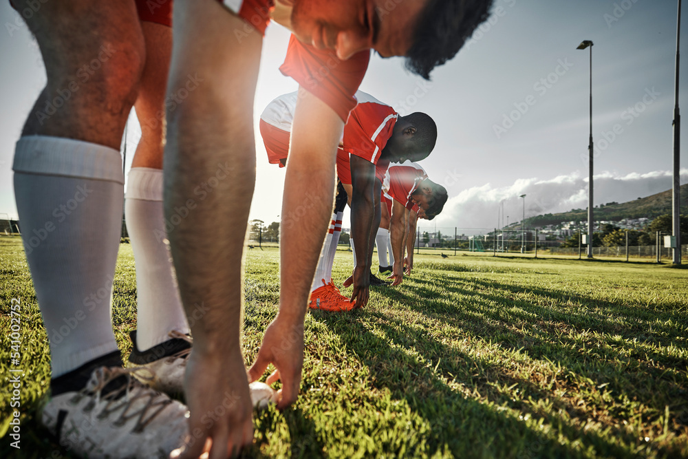 Soccer field, sports men and stretching legs on outdoor sports stadium ...