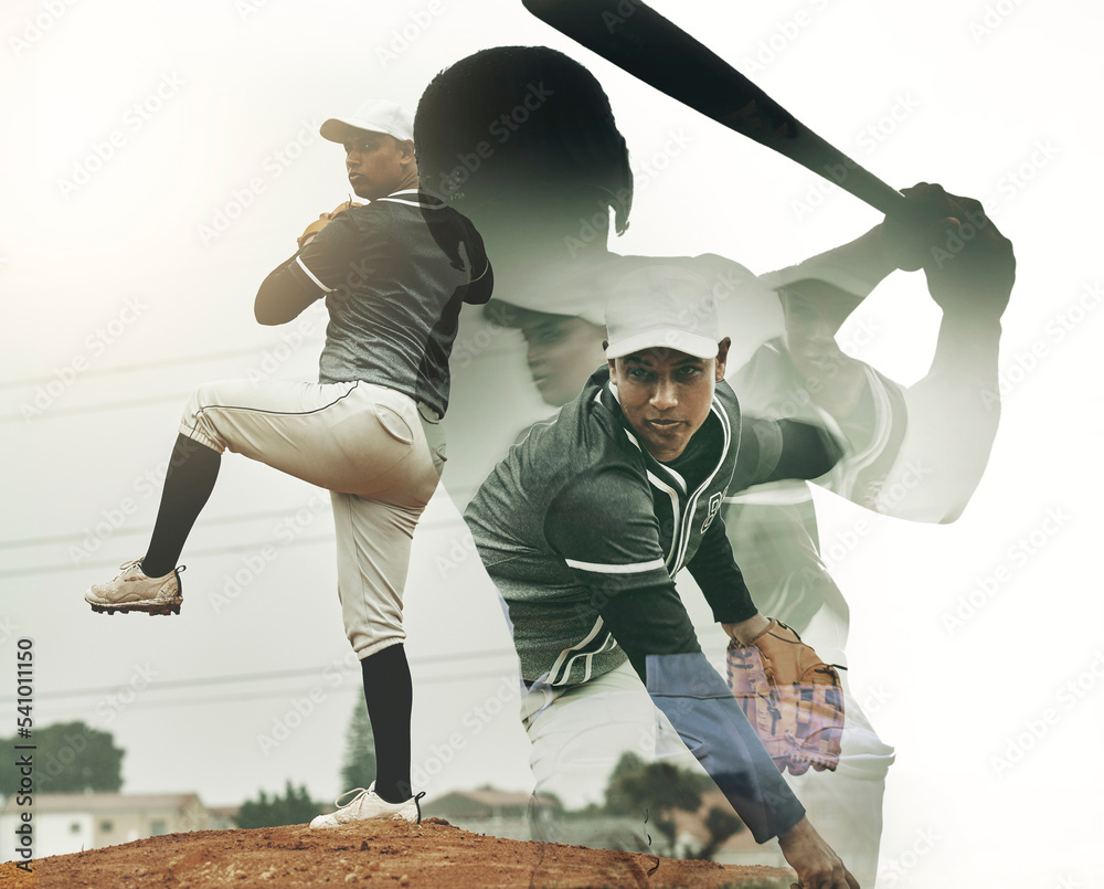 Motion, baseball and sports man in action on baseball field with ...