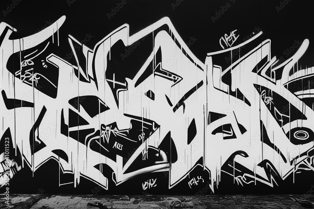 Black and white graffiti. Back alley, abandoned area, street art ...