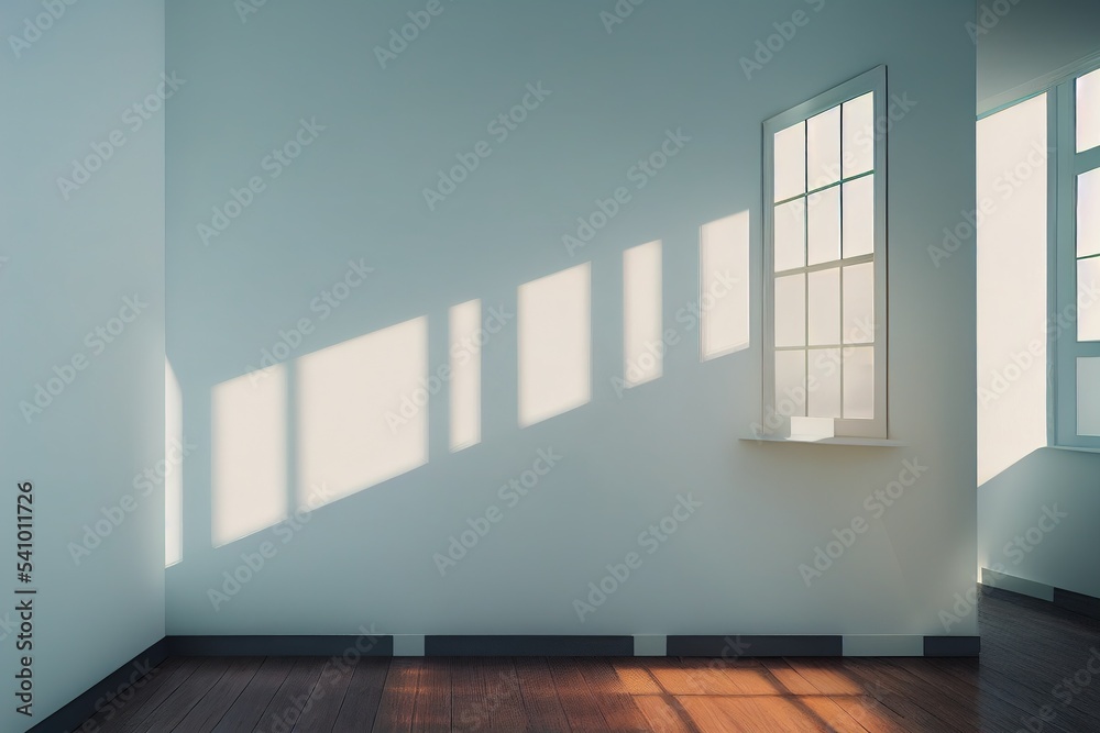 Abstract window sunlight on empty white wall 3d morning interior ...