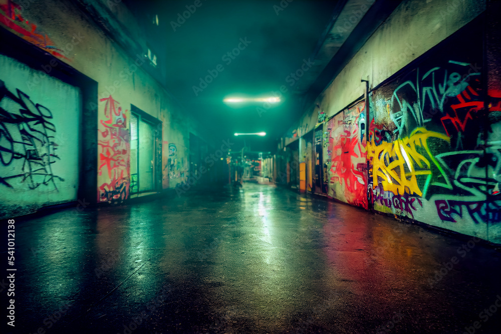 Dark, futuristic cyberpunk city street with graffiti at night. Urban ...