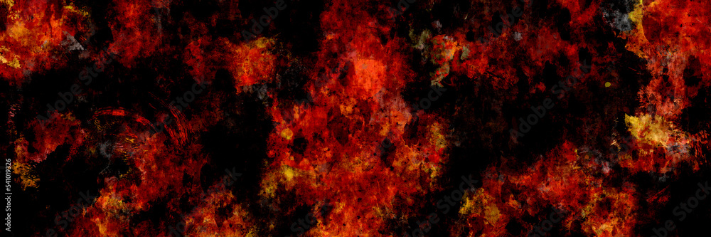 Abstract bright orange red splashed apocalyptic scene on dark ...