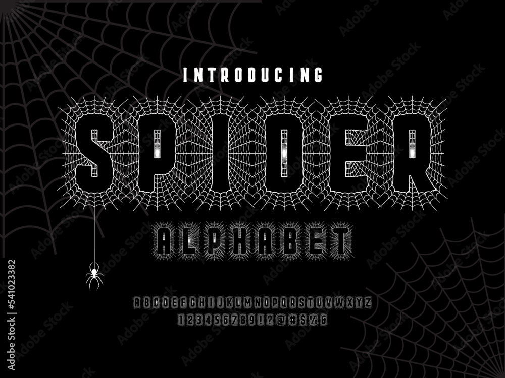 Spider web alphabet design with uppercase, numbers and symbols Stock ...