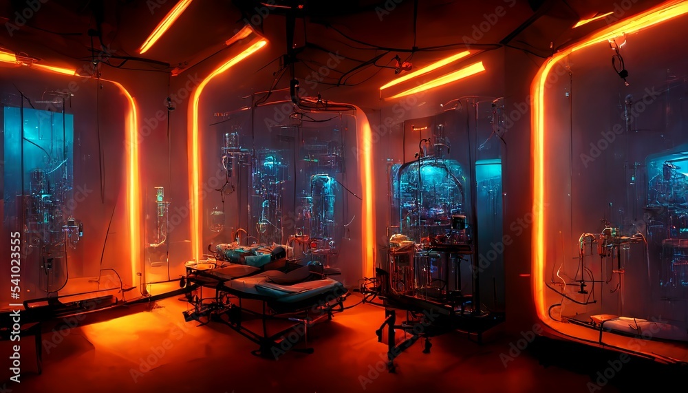 Sci-fi future cyberpunk android laboratory design illustration Stock ...