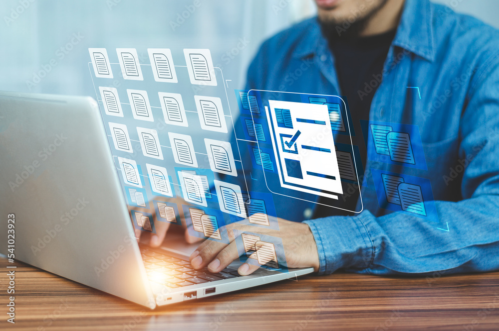 document management concept with icons on virtual screen, ERP Document ...