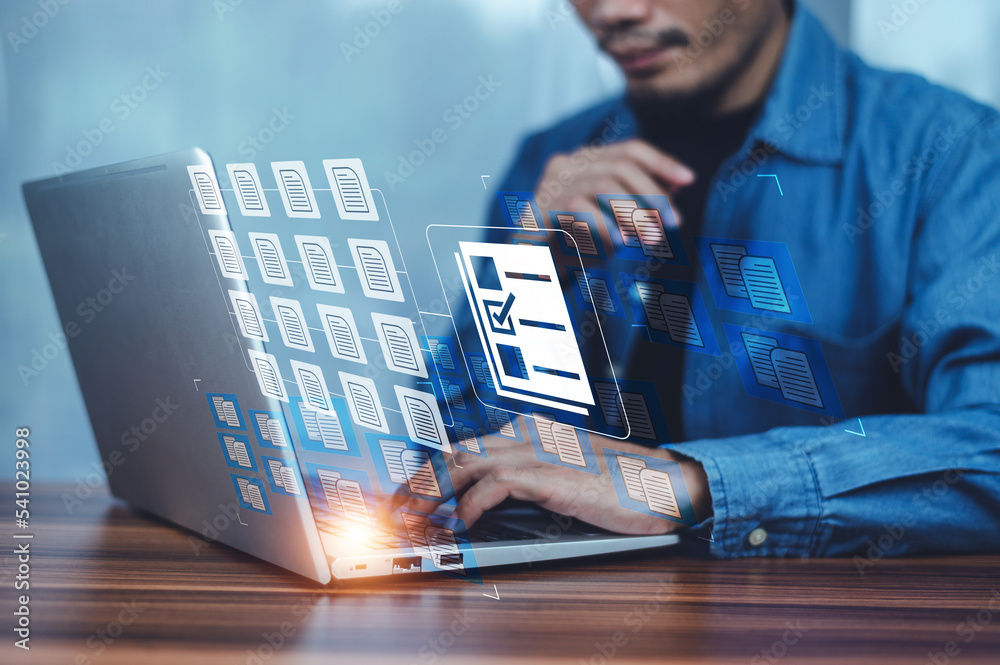 document management concept with icons on virtual screen, ERP Document ...