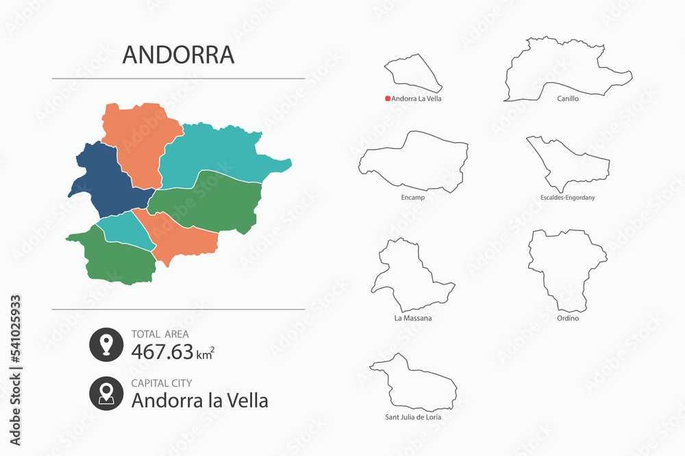 Map of Andorra with detailed country map. Map elements of cities, total ...