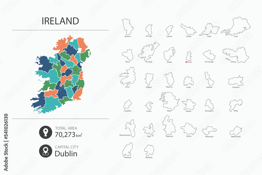 Map of Ireland with detailed country map. Map elements of cities, total ...