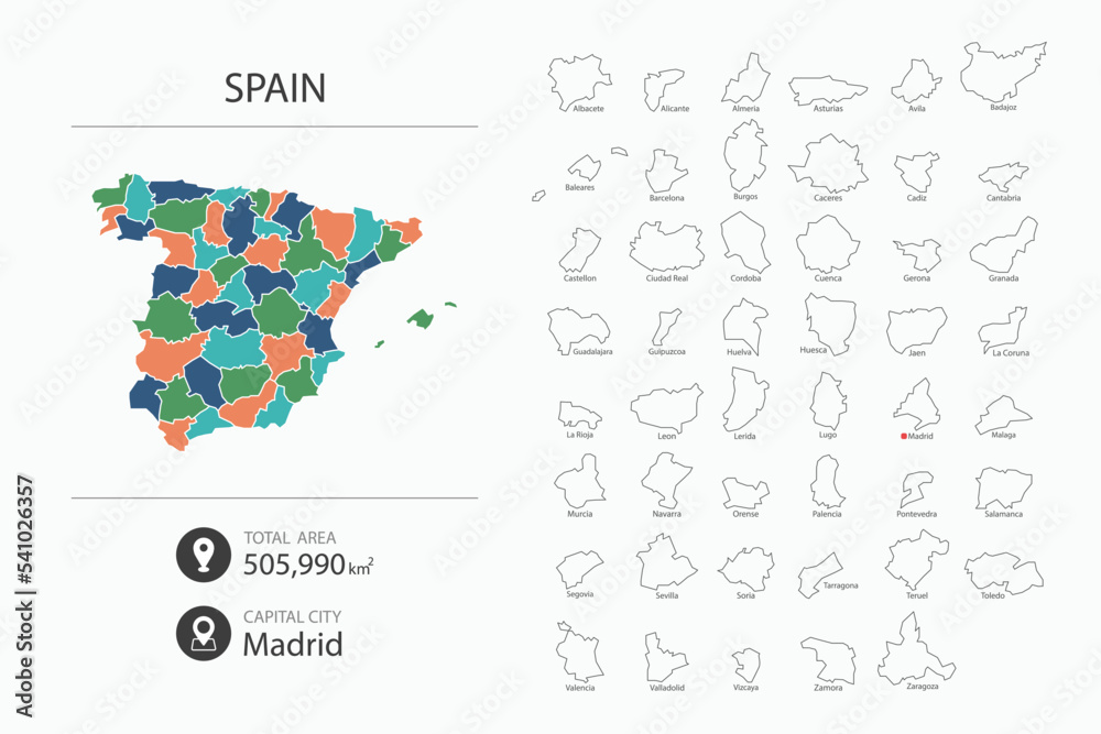 Map of Spain with detailed country map. Map elements of cities, total ...