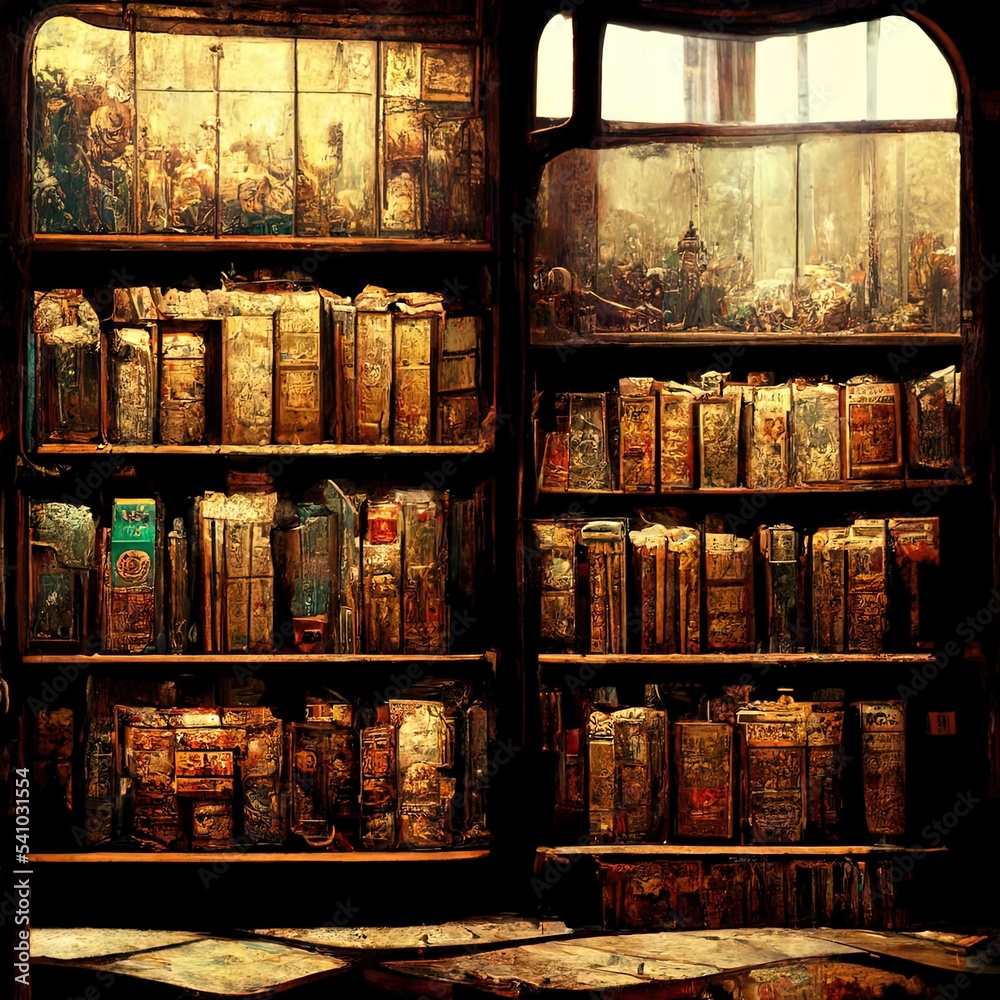 Collection of old library books on shelf. Illustration. Stock ...