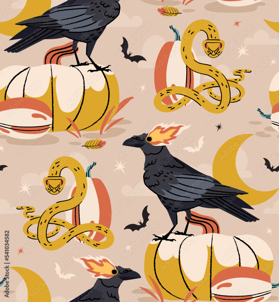 Black spooky crow pumpkin seamless pattern with snake, bat and moon on ...
