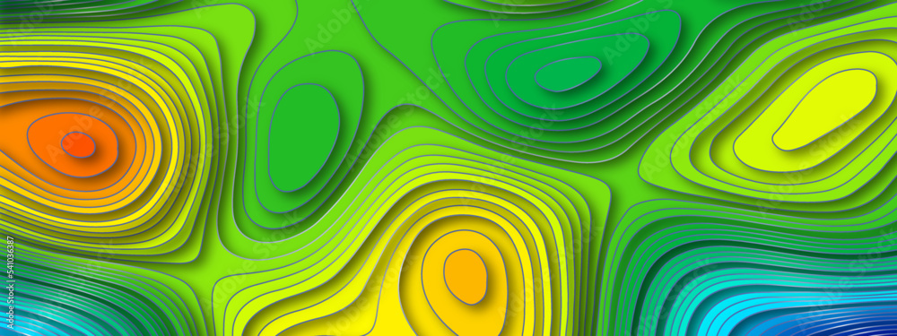 Abstract colorful papercut and topographic map with lines and circles ...