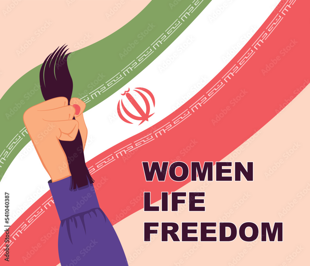 Iranian woman holding hand up with cut hair. Banner design with ...