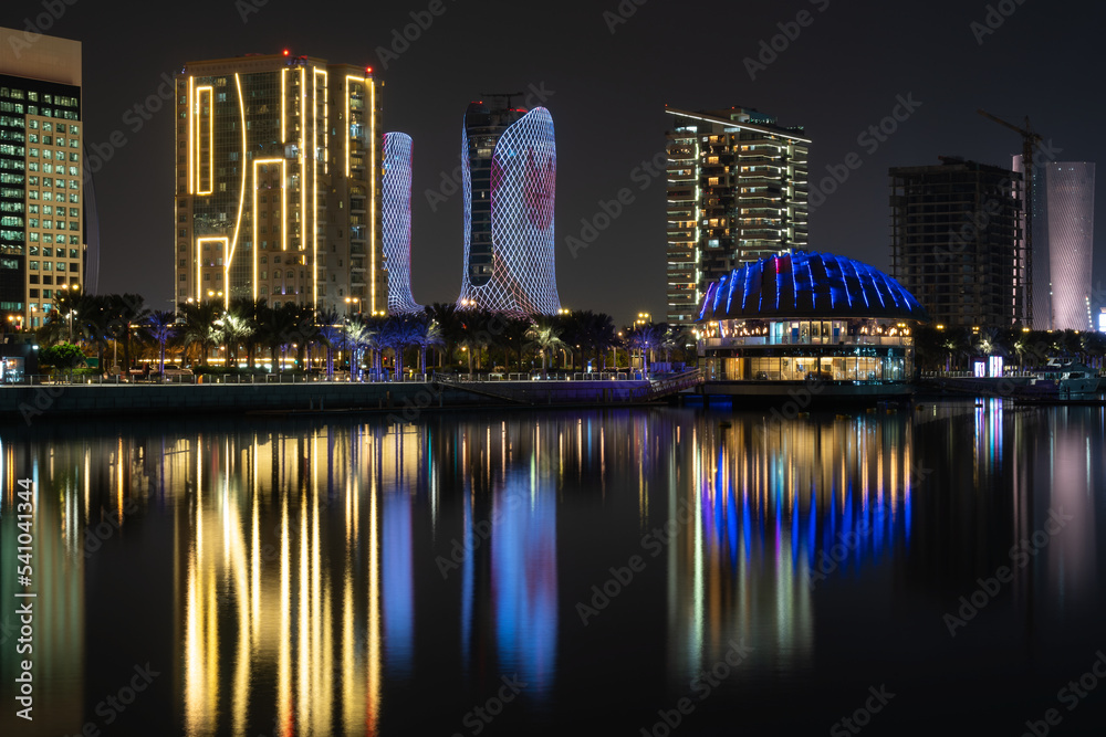 Beautiful night view of Lusail Marina City promenade. Stock Photo ...