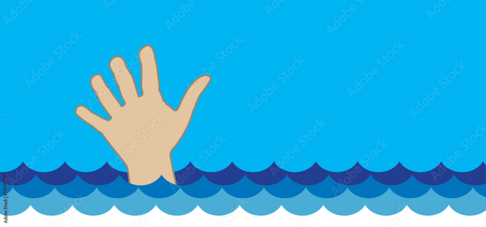 Cartoon man or woman to to sink in to the water. Stickman and two hands ...