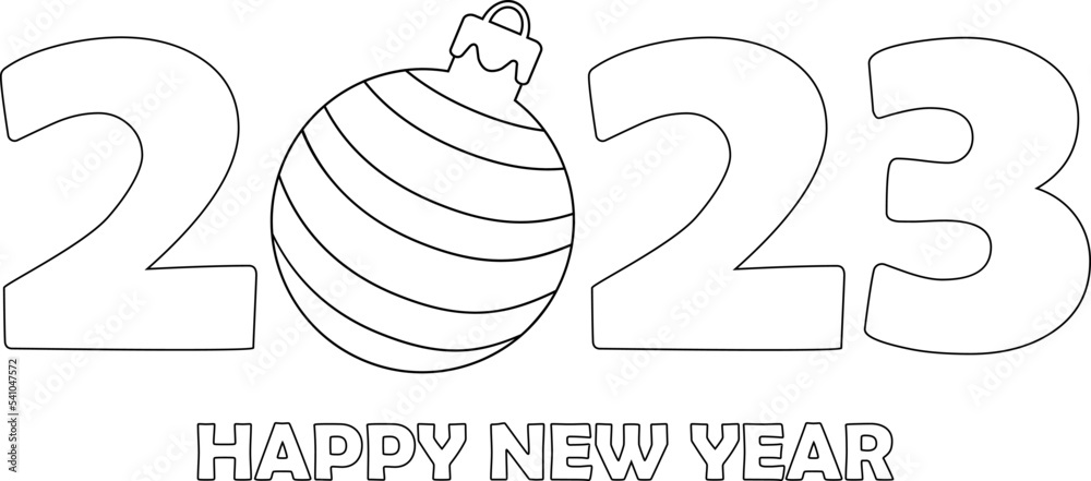 Colorless cartoon Christmas Ball among numbers 2023. Black and white ...