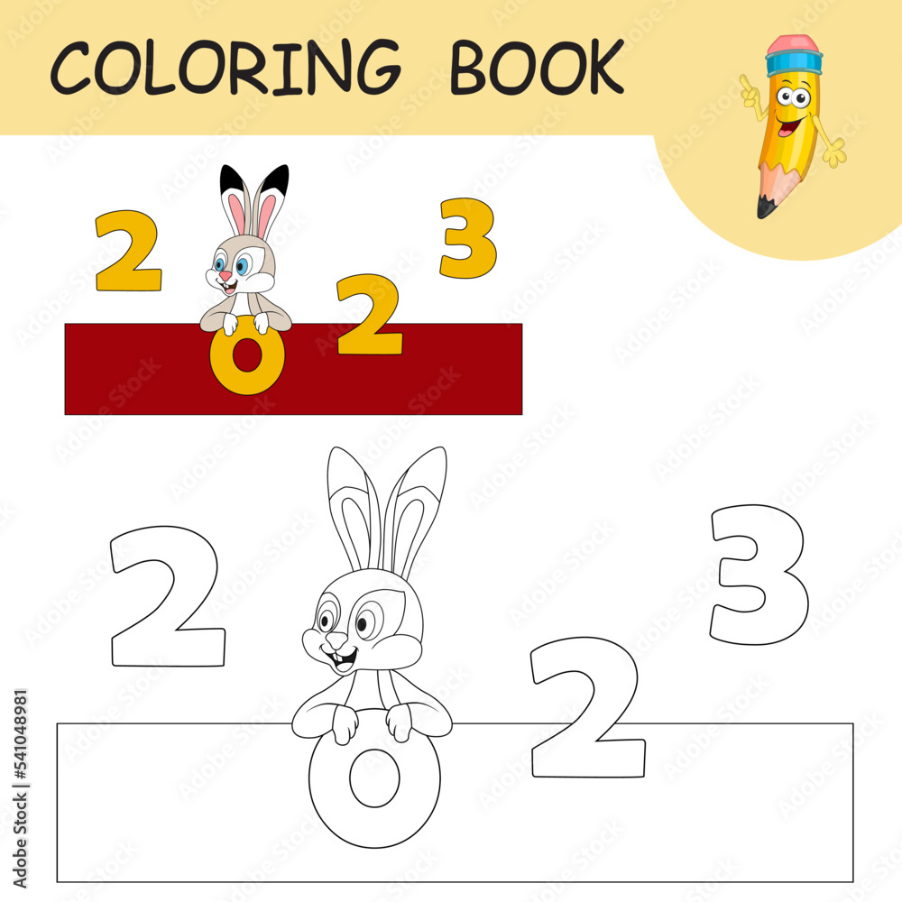 Coloring book with cartoon Rabbit holding number. Colorless and color ...