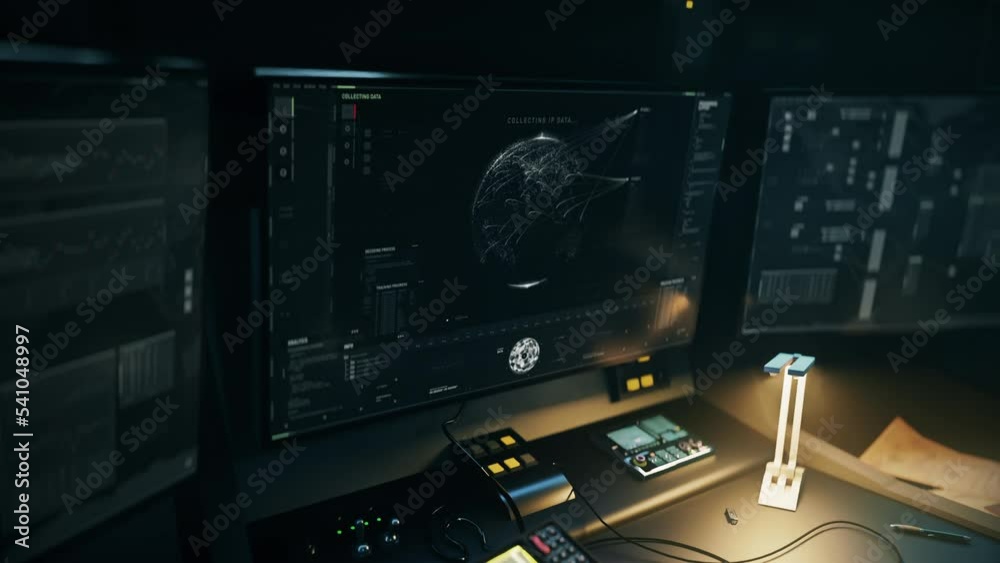 Spy computer scanner system is looking for the target position of a map ...