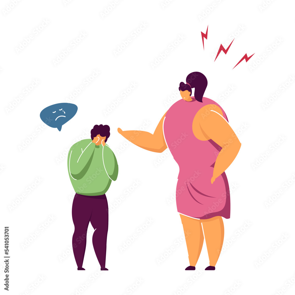 Angry mother reproaching naughty son. Flat vector illustration. Strict ...