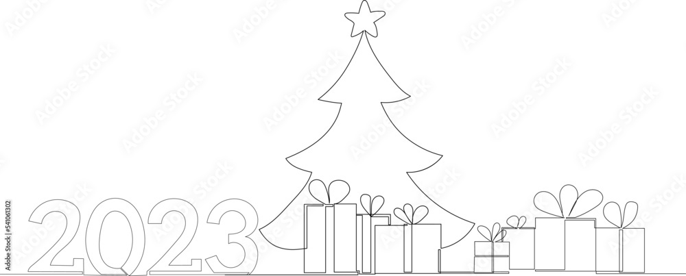 Vetor de 2023 and Christmas tree drawing in one continuous line do ...