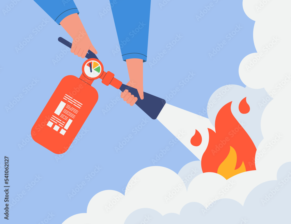 Fireman holding fire extinguisher flat vector illustration. Man or ...