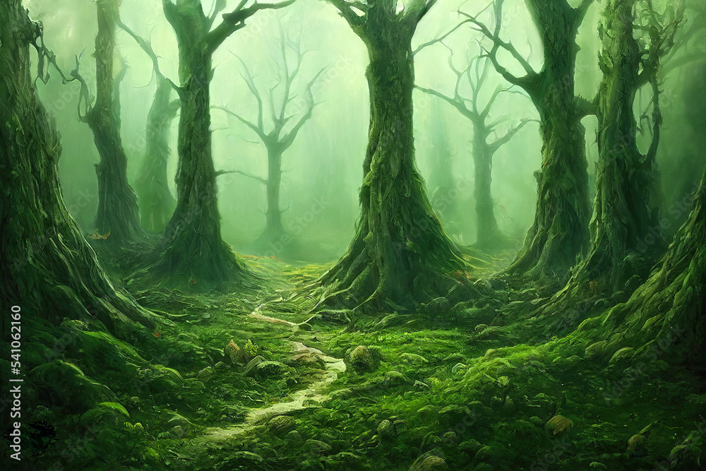 Mysterious winding path in scary fantasy forest, bare trees covered ...