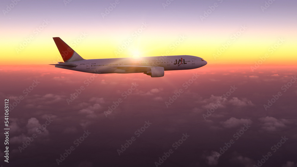 Commercial Boeing 777-200 JAL flying over the amazing sunset, 25 Oct ...